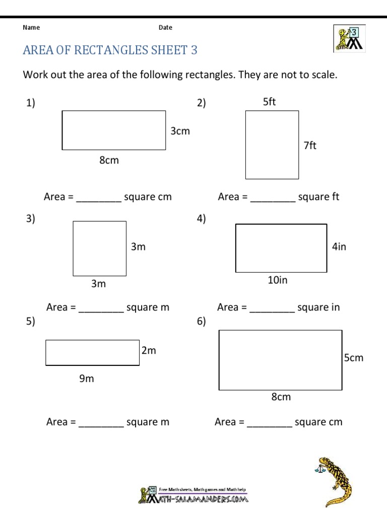 Calculating Rectangular Areas: A Worksheet with 6 Practice Problems | PDF