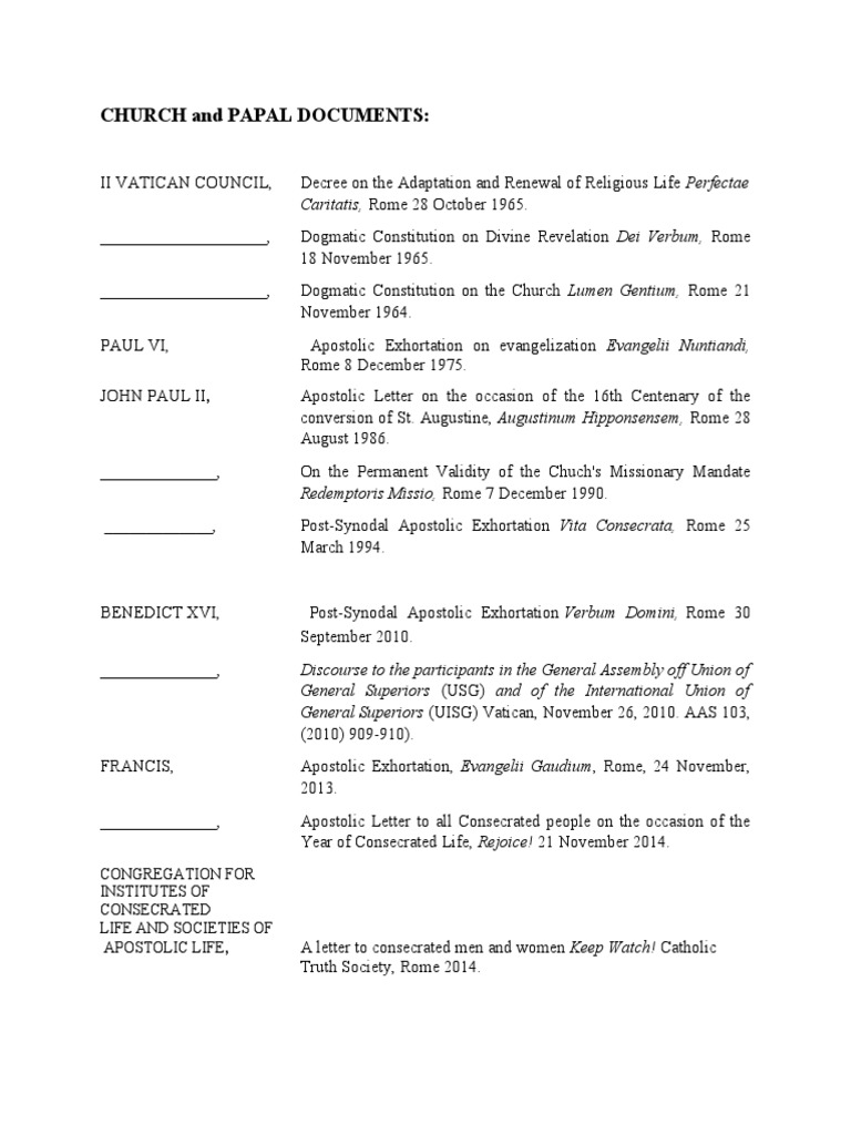 Church and Papal Documents:: Congregation For Institutes of Consecrated ...