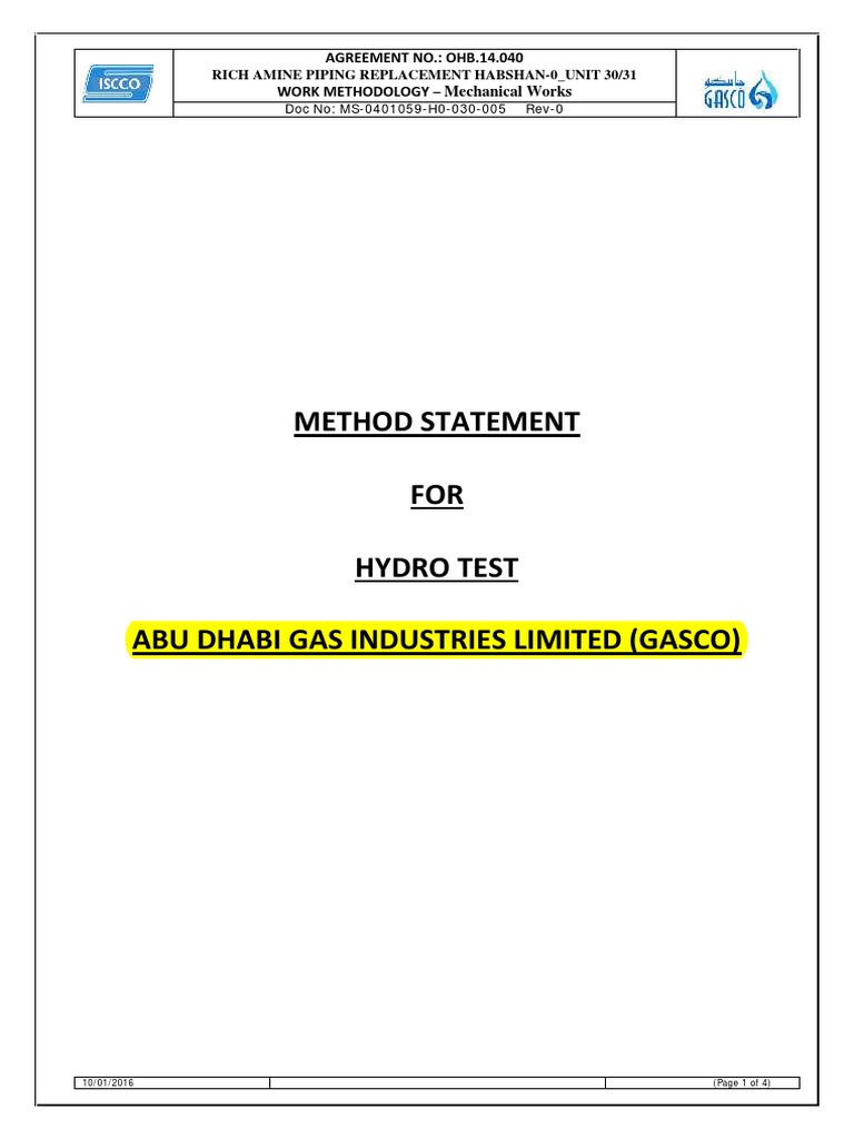 Method Statement of Hydro Test | PDF | Pipe (Fluid Conveyance ...