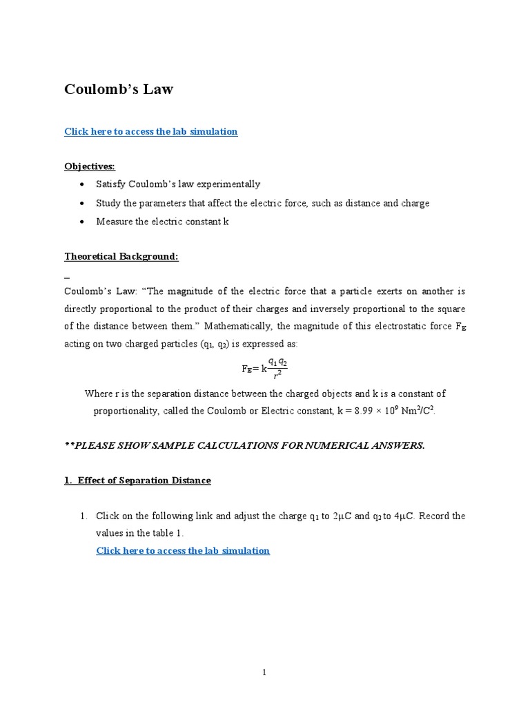 Coulomb's Law Lab Experiment Guide | PDF | Physics | Physical Sciences