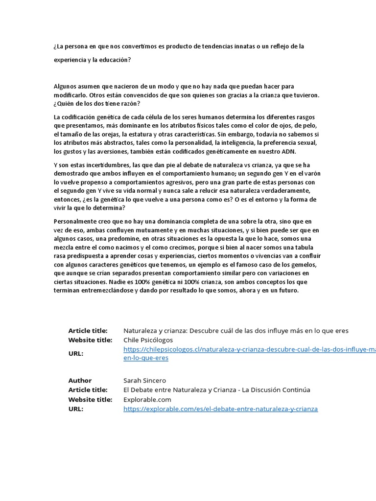 Naturaleza vs Crianza: ¿Qué nos define? | PDF | Naturaleza versus ...