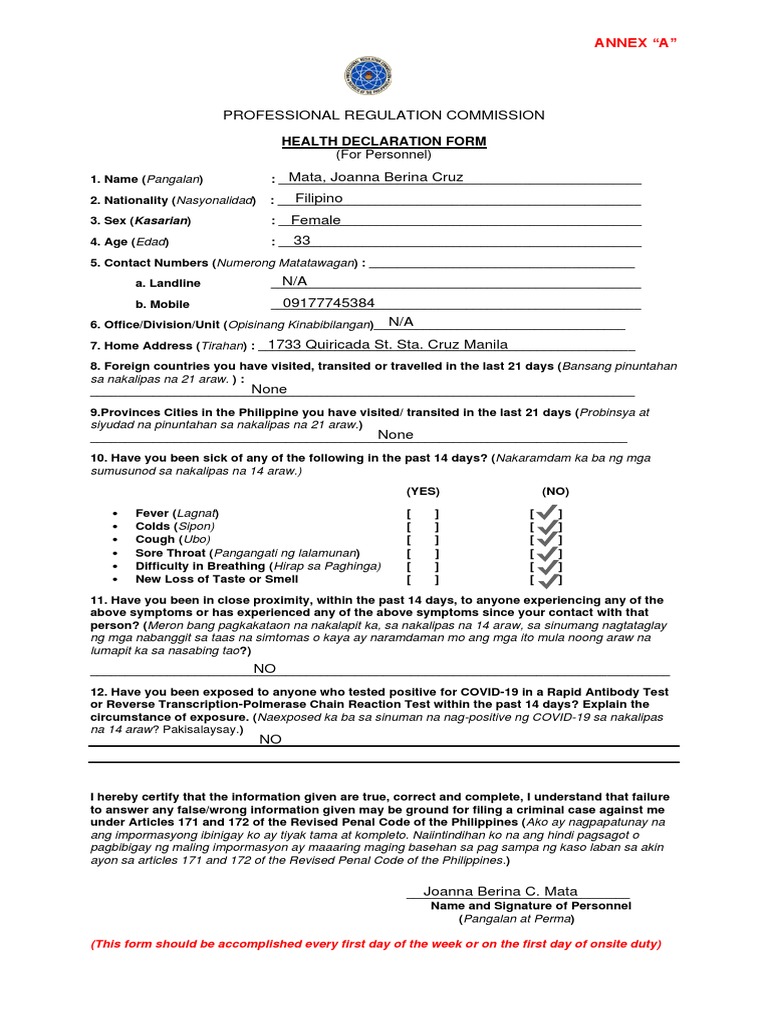 Health Declaration Form: Ensuring Safety in the Workplace Through COVID ...