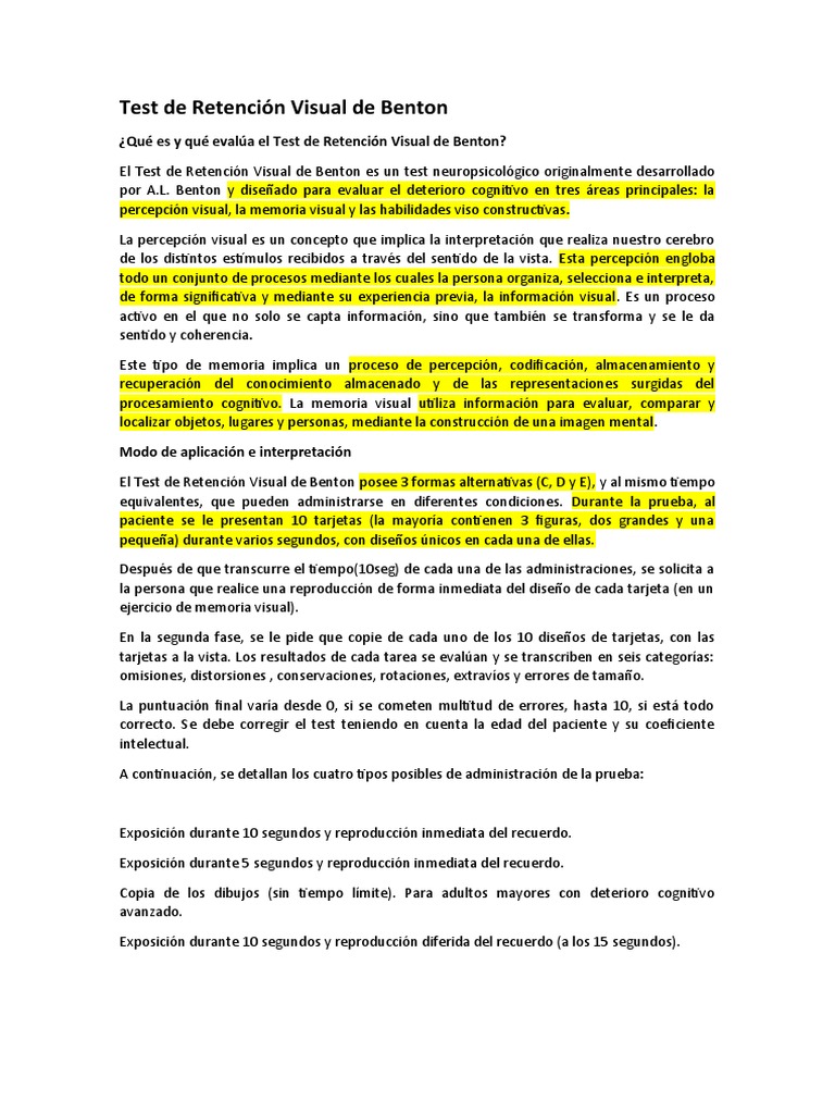 Test de Retención Visual de Benton | PDF | Memoria | Percepción