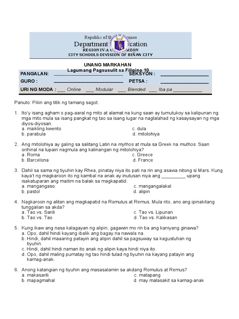 Lagumang Pagsusulit Sa Filipino10 | PDF