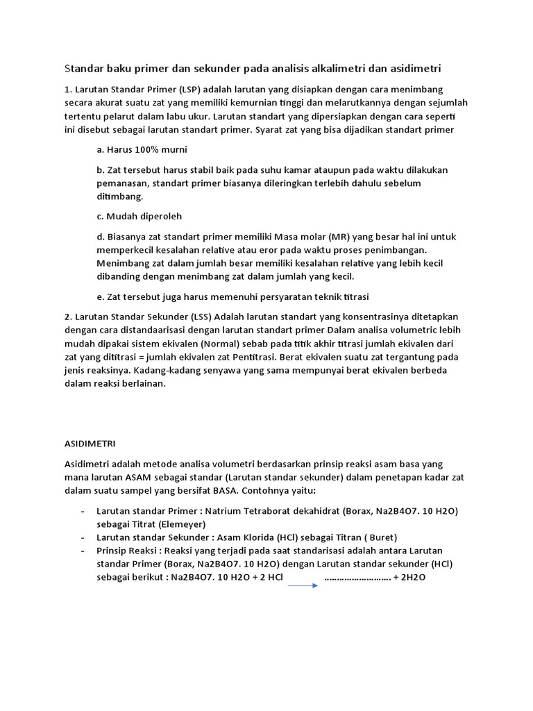 Standar Baku Primer Dan Sekunder Pada Analisis Alkalimetri Dan Asidimetri | PDF