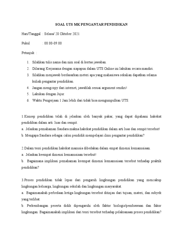 Soal Uts MK Pengantar Pendidikan | PDF