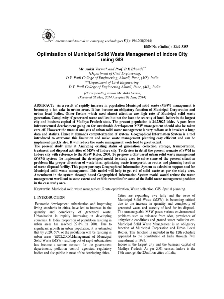 Optimisation of Municipal Solid Waste Management of Indore City Using ...