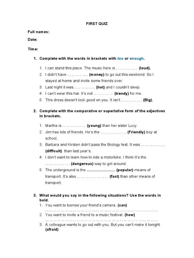 First Quiz Pre-Intermediate | PDF