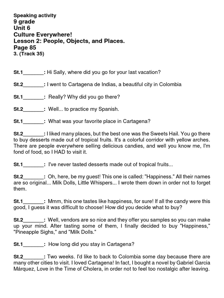 9th Grade Speaking Activity: Cartagena | PDF