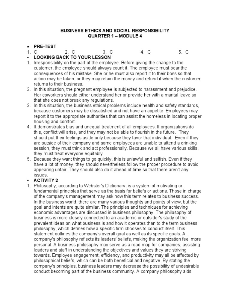 Business Ethics and Social Responsibility Quarter 1 - Module 4 Pre-Test ...