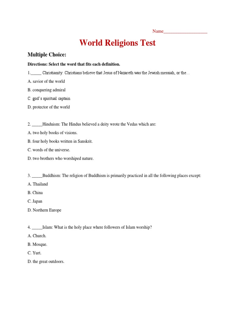 World Religions Test: Multiple Choice | Download Free PDF | Jesus ...