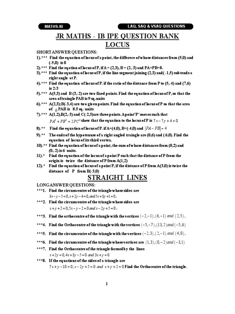 JR Maths - Ib Ipe Question Bank Locus: Short Answer Questions | PDF ...