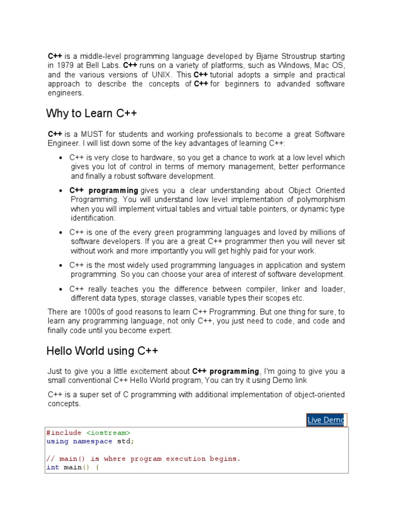 Why To Learn C C Is A Middle Level Programming Language Developed By Bjarne Stroustrup