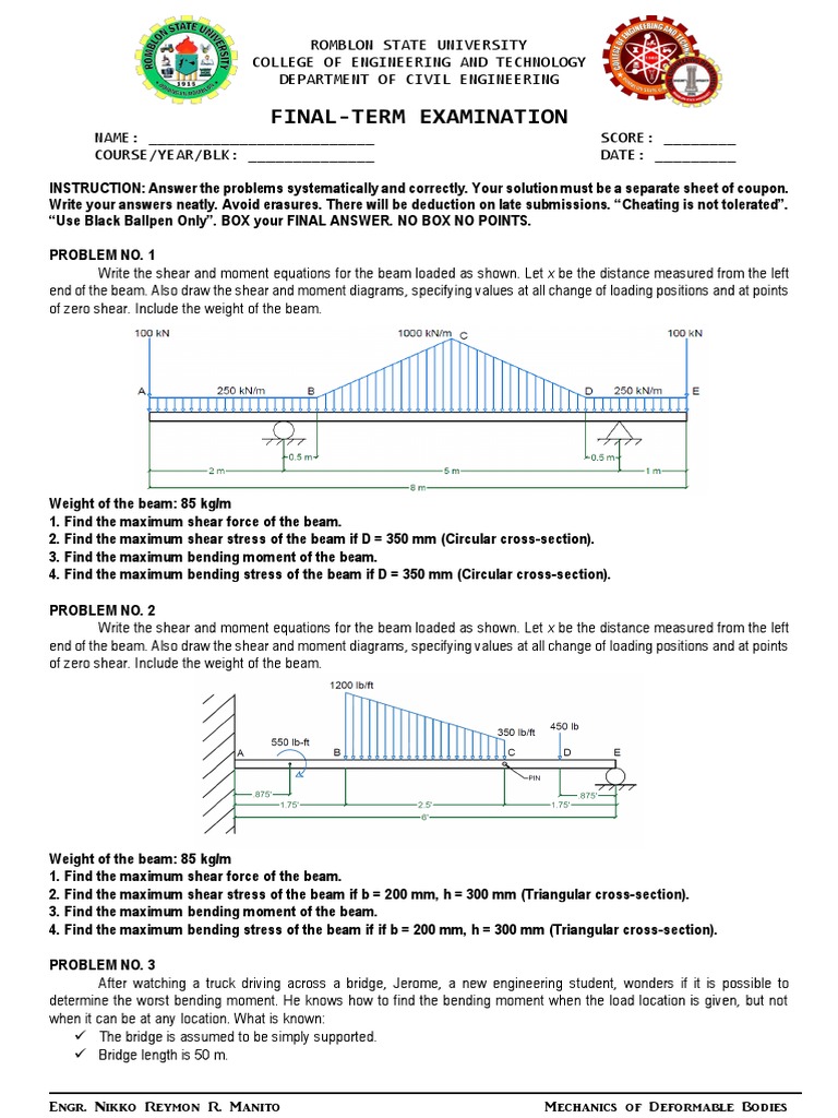 Solutions to Structural Analysis Problems on Beams Involving Shear Force, Bending Moment and ...