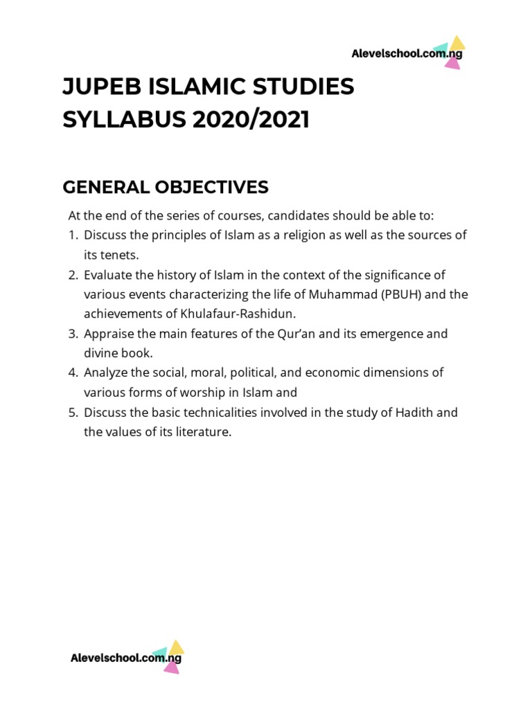 Jupeb Islamic Studies SYLLABUS 2020/2021: General Objectives | PDF ...