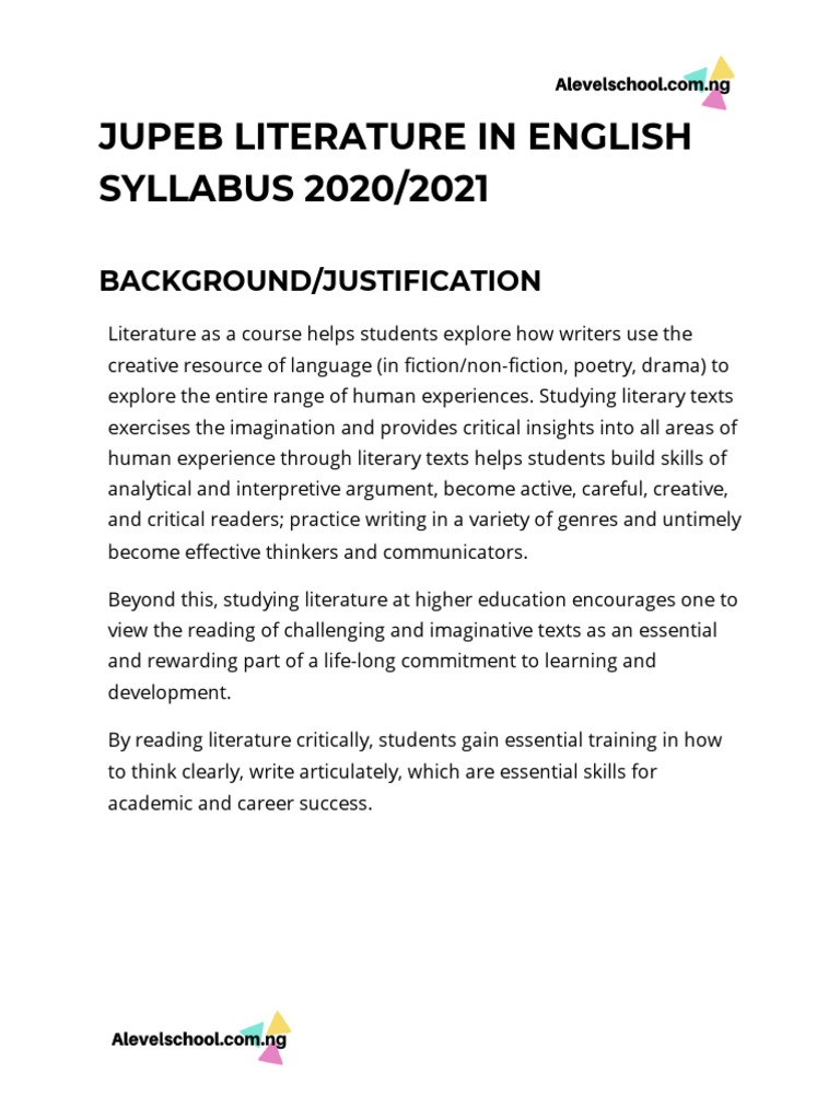 Jupeb Literature in English Syllabus 2020 2021 | PDF | Poetry | Theatre