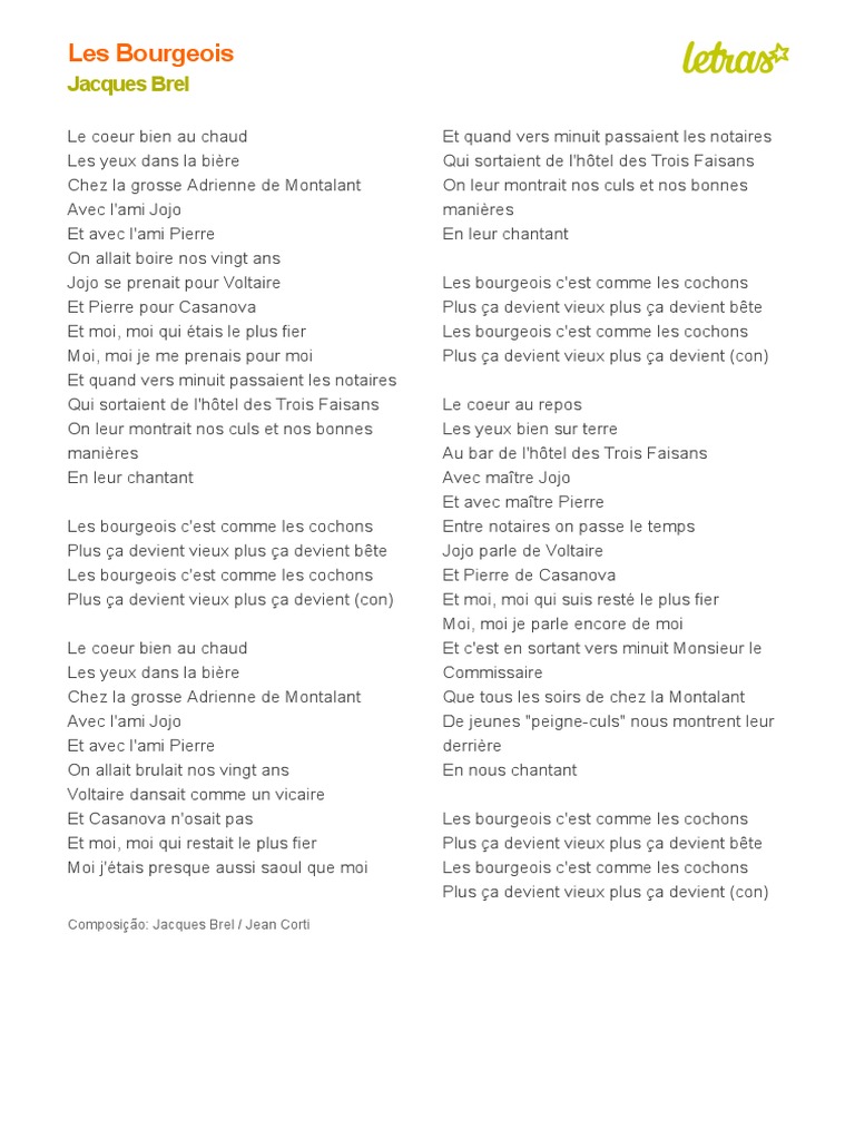 LES BOURGEOIS (TRADUÇÃO) - Jacques Brel (Impressão) | PDF