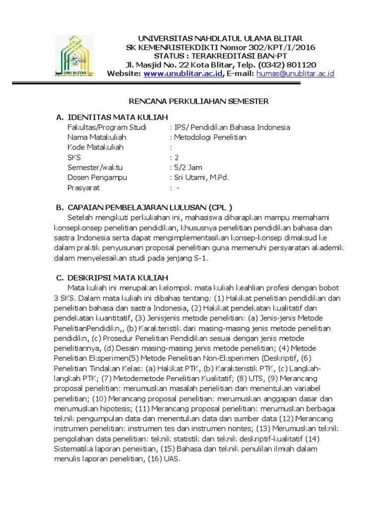 RPS Metodologi Penelitian - Sri Utami | PDF | Karier & Perkembangan | Seni