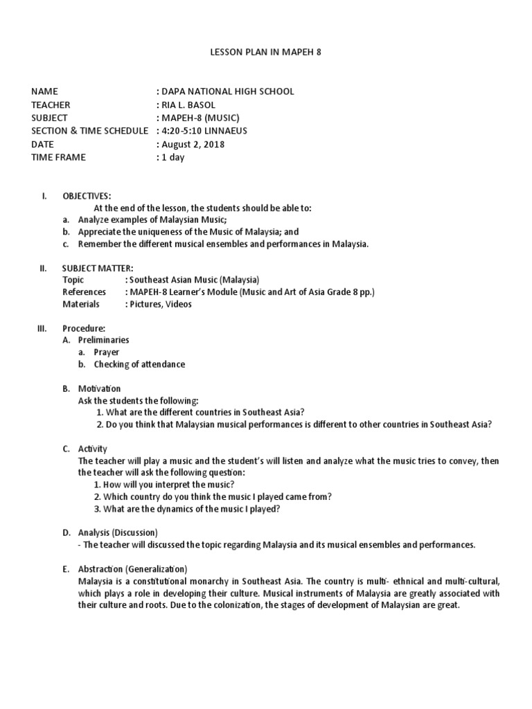 Lesson Plan in Mapeh 8 | PDF | Malaysia | Communication