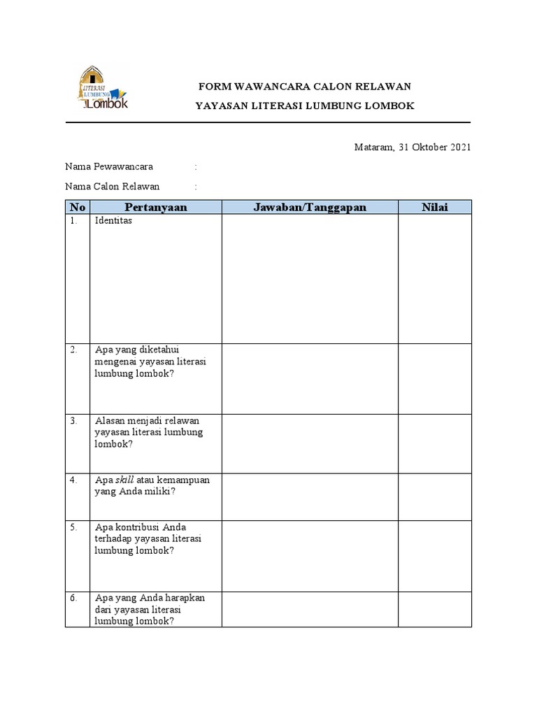 Form Wawancara Relawan Baru Y3l | PDF | Karier & Perkembangan
