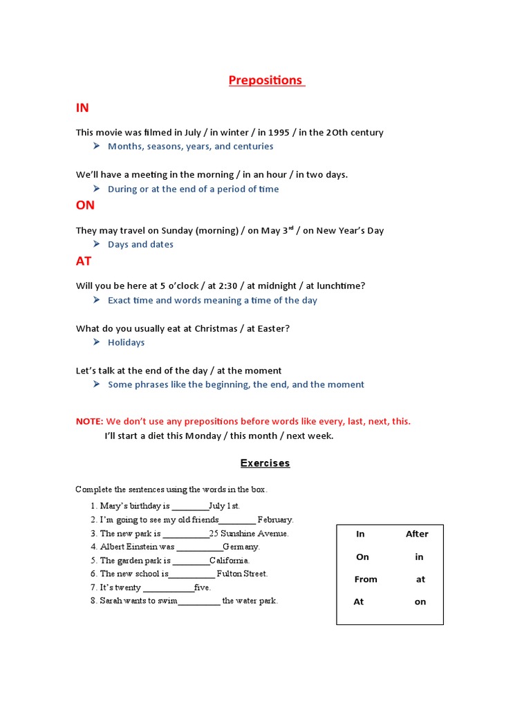 Prepositions IN: Months, Seasons, Years, and Centuries | PDF