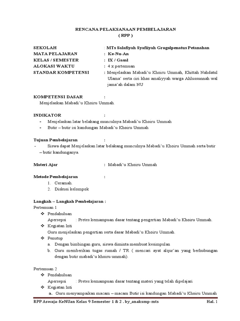 RPP Aswaja-KeNUan Kelas 9 Semester 1 & 2 - by - Anaksmp-Mts | PDF