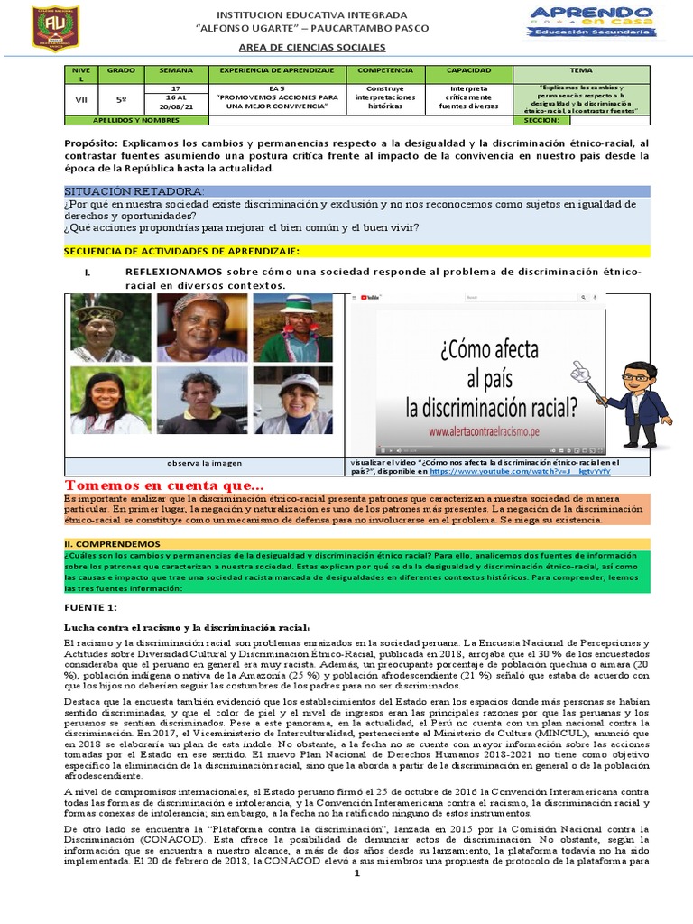 s017 Actividad 5to ABC Ccss | PDF | Racismo | Discriminación y ...