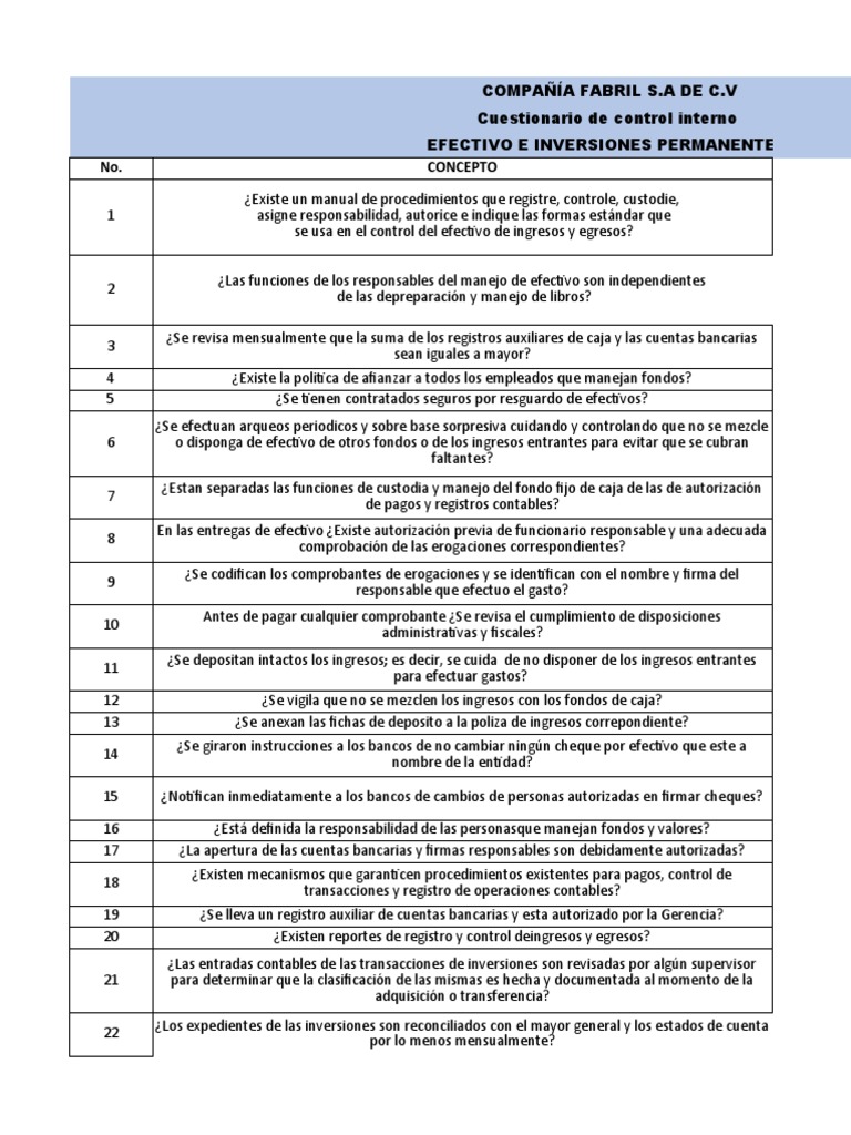 Cuestionario de Control Interno | PDF | Bancos | Cheque