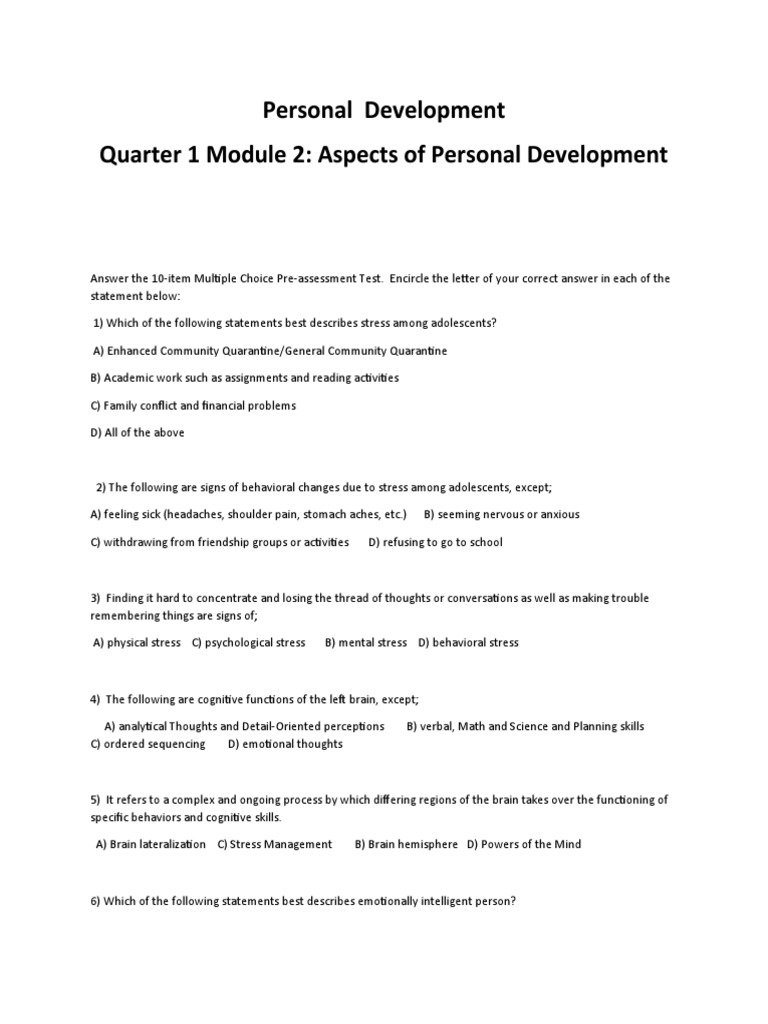 Personal Development Quarter 1 Module 2 Answer Sheet Pdf Handedness