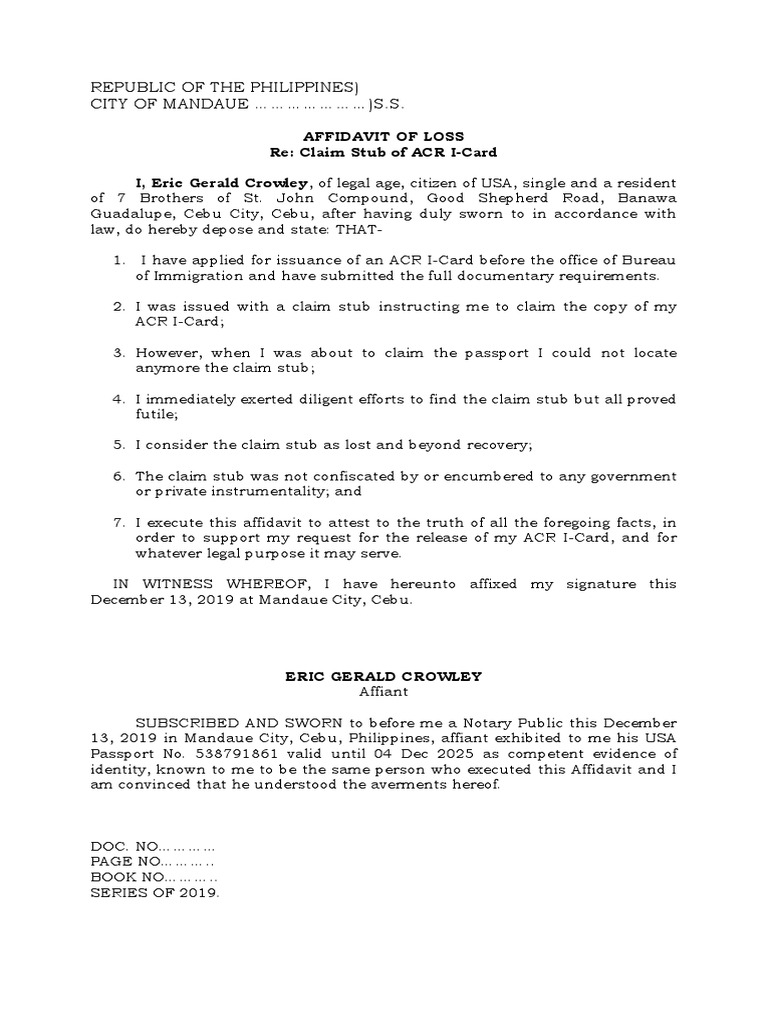Affidavit Loss Claimstub-Claim Stub | PDF