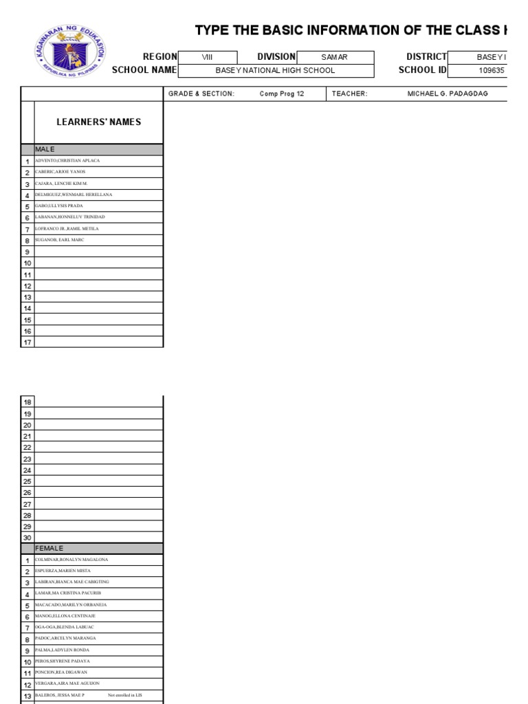 Type The Basic Information of The Class Here: Region Division District ...