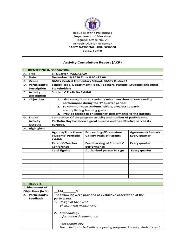 Activity Completion Report (ACR) : Republic of The Philippines ...