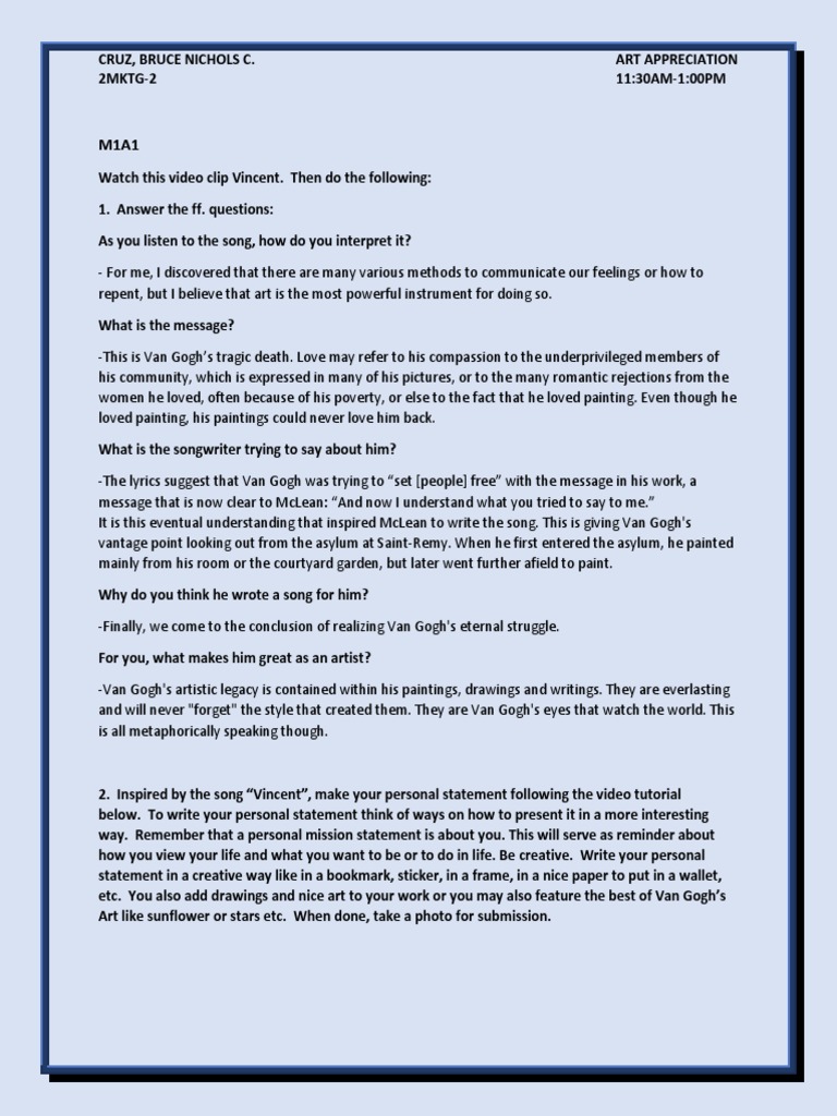 Art Appreciation M1a1 | PDF | Vincent Van Gogh