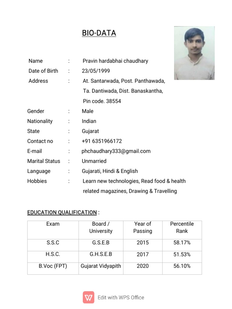 Pravin Chaudhary Bio-Data Summary | PDF