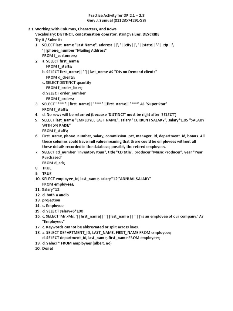 DP2 Practice Activities - Answers | PDF | Computing | Data Management