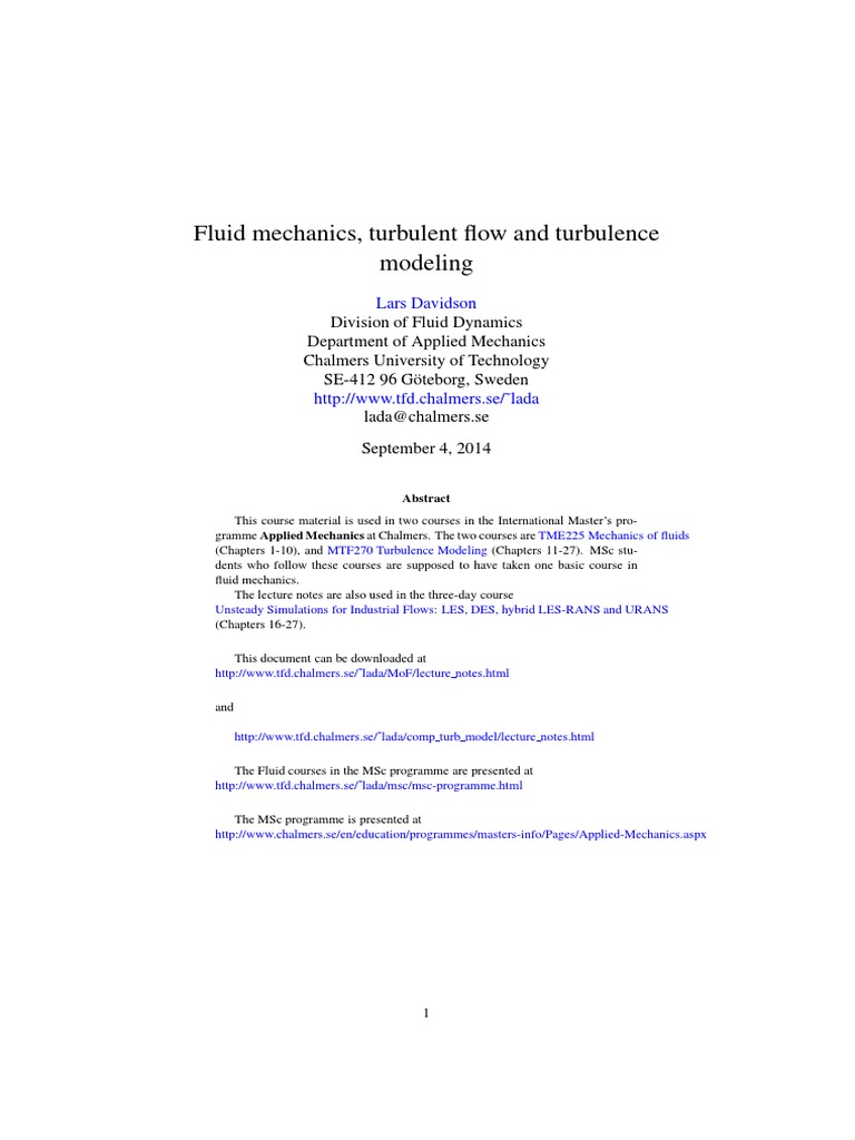 Lars Davidson Fluid Mechanics Turbulent Flow and Turbulence | PDF | Stress (Mechanics) | Fluid ...