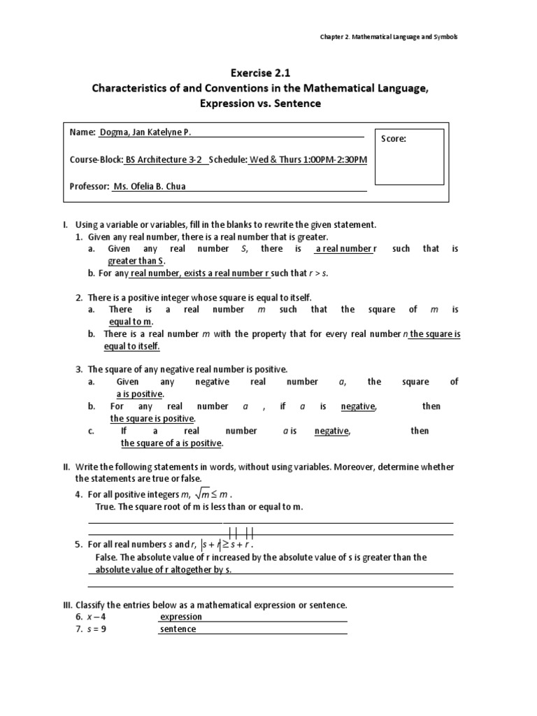 Exercise 2.1 Characteristics of and Conventions in The Mathematical ...