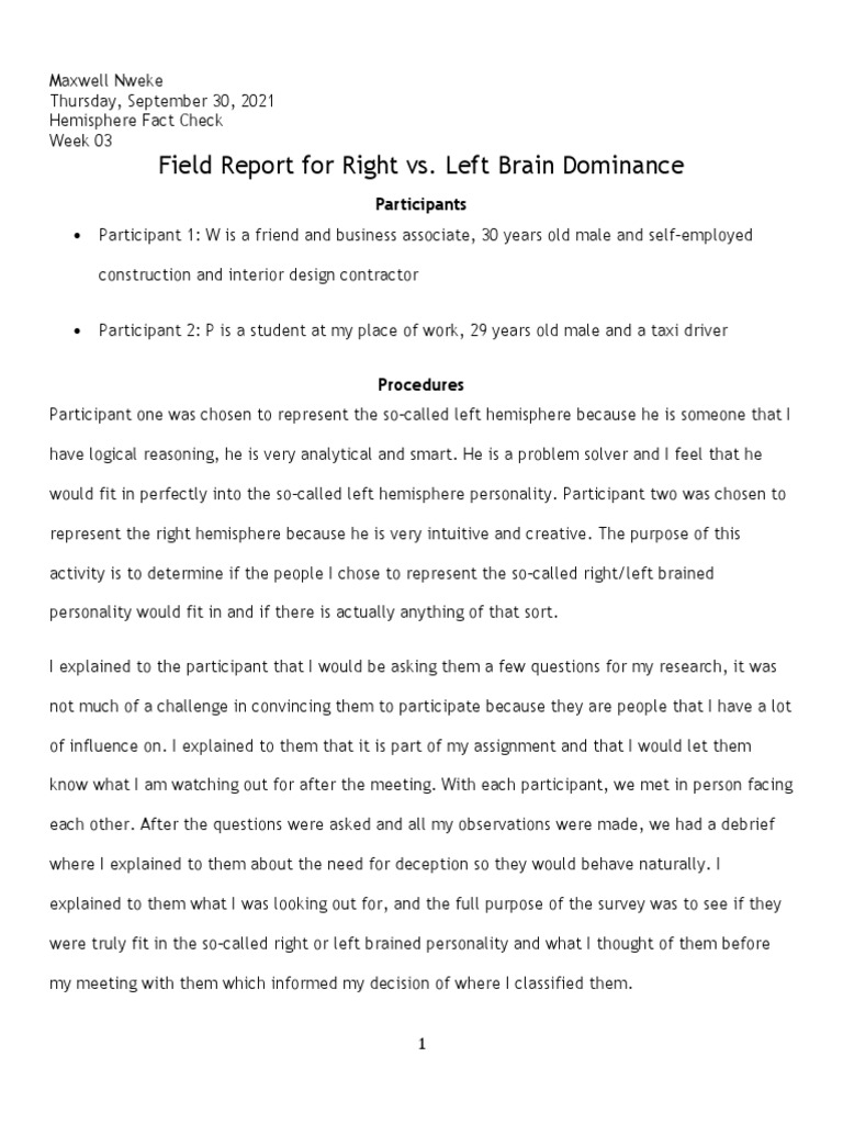 Maxwell Nweke W03 Field Report Brain Dominance Pdf Lateralization Of Brain Function Theory