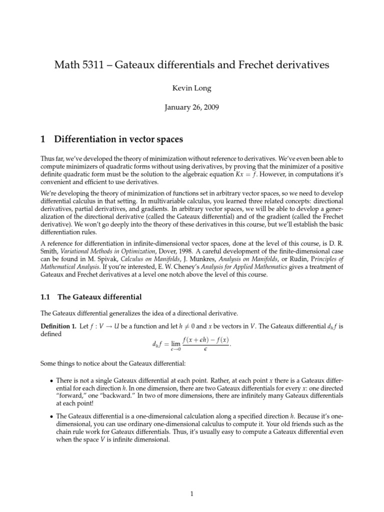 Math 5311 - Gateaux Differentials and Frechet Derivatives: 1 ...