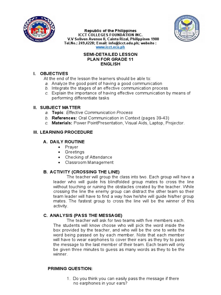 Semi-Detailed Lesson Plan For Grade 11 English I. Objectives | PDF ...
