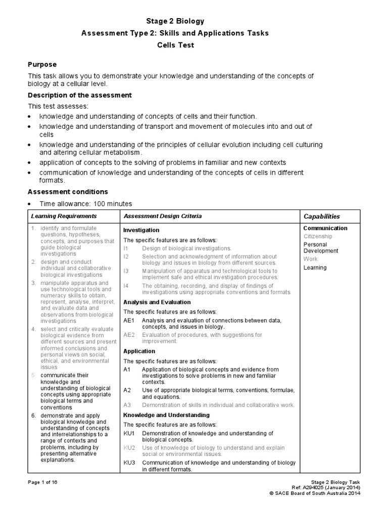 Stage 2 Biology Assessment Type 2: Skills and Applications Tasks Cells ...