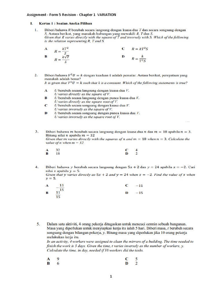 Assignment - Form 5 Revision - Chapter 1 VARIATION | PDF
