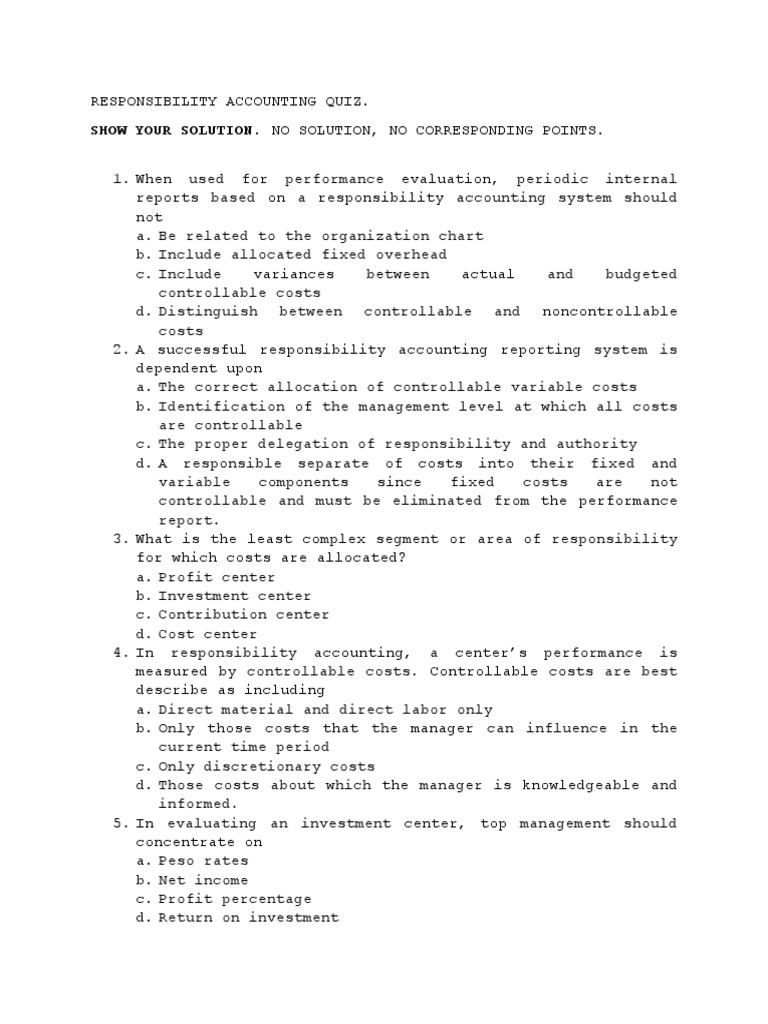 Responsibility Accounting Quiz | PDF | Cost | Profit (Economics)