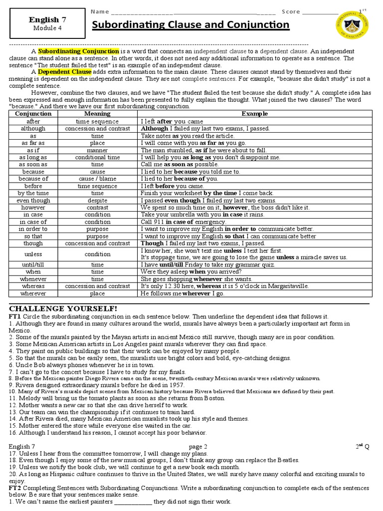 English 7 M4 Subordinating Clause and Conjunction | PDF | Clause | Mural