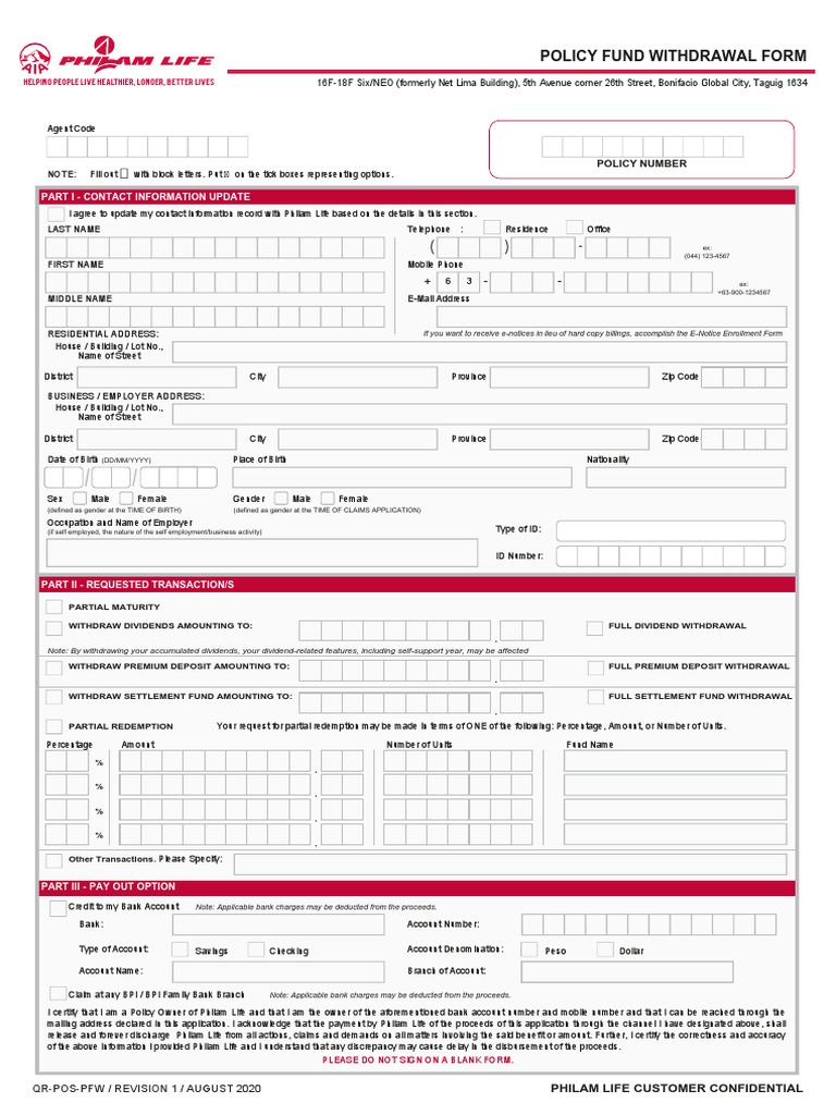 Philam Life Policy Fund Withdrawal Form | PDF | Banks | Insurance