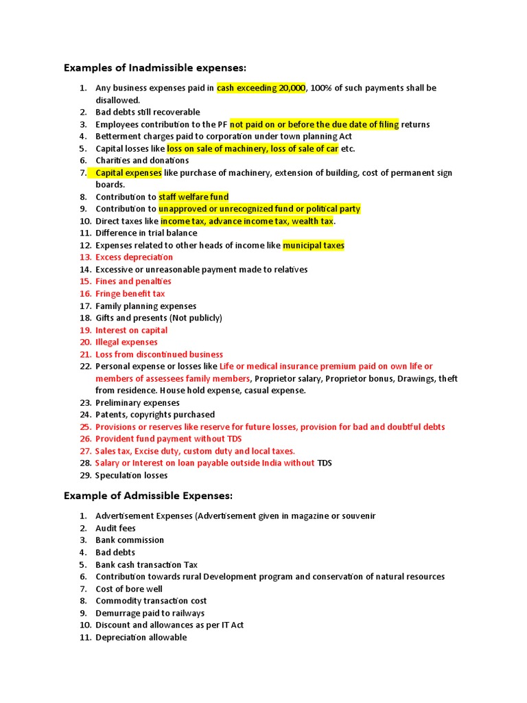 Examples of Inadmissible Expenses and Admissible Expenses | PDF ...