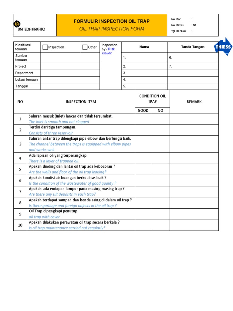 Oil Trap Inspection Checklist | PDF