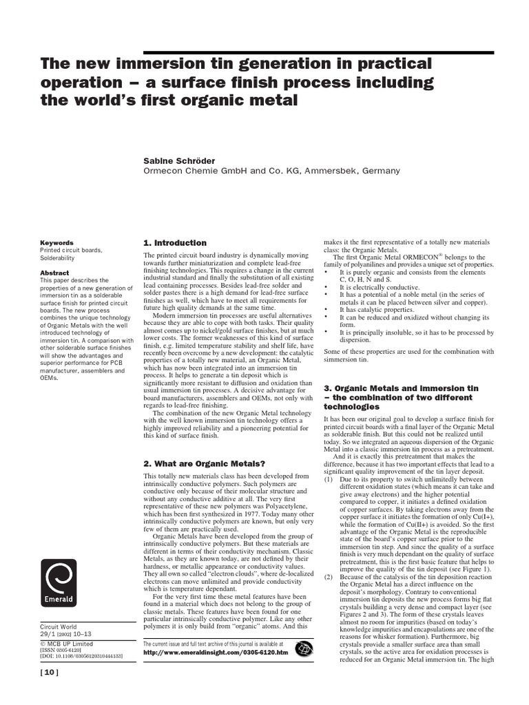 The New Immersion Tin Generation in Practical Operation - A Surface ...