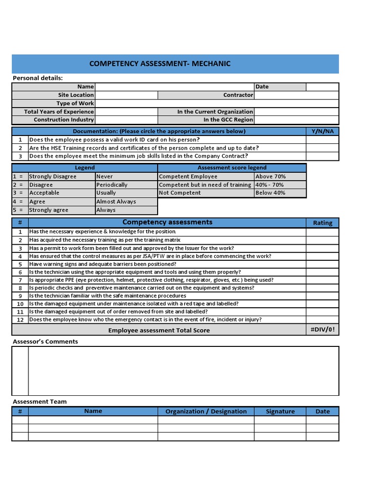 Competency Assessment-Mechanic | PDF | Personal Protective Equipment ...