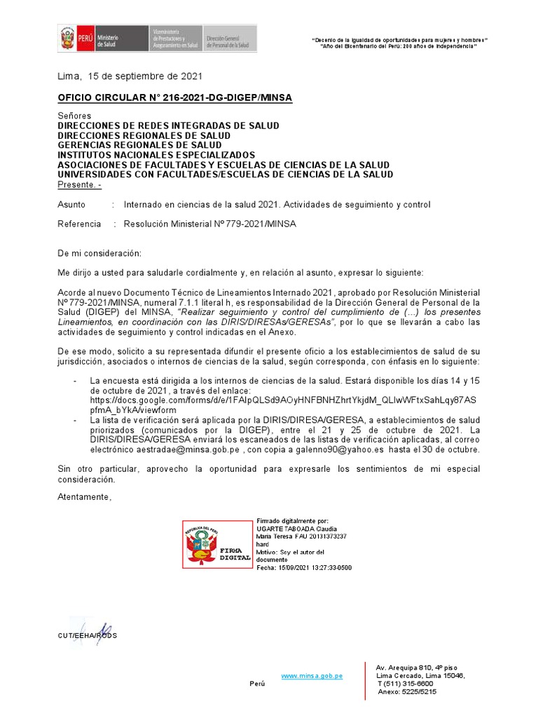 OFICIO CIRCULAR #216-2021-DG-DIGEP-MINSA. Internado 2021. Activ - Seguimiento y Control | PDF ...
